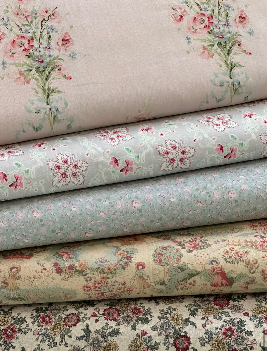 Fabric - Yuwa - (1166) Coral, Pink & Green Small Floral on Ecru ...