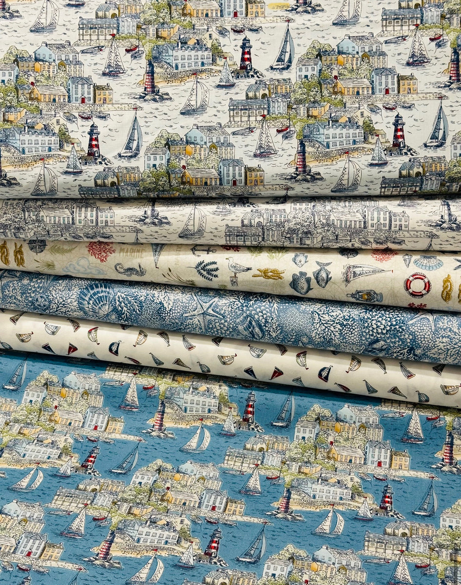 Fabric - Conversation - (2592) Blue English Seaside Print on Vanilla ...