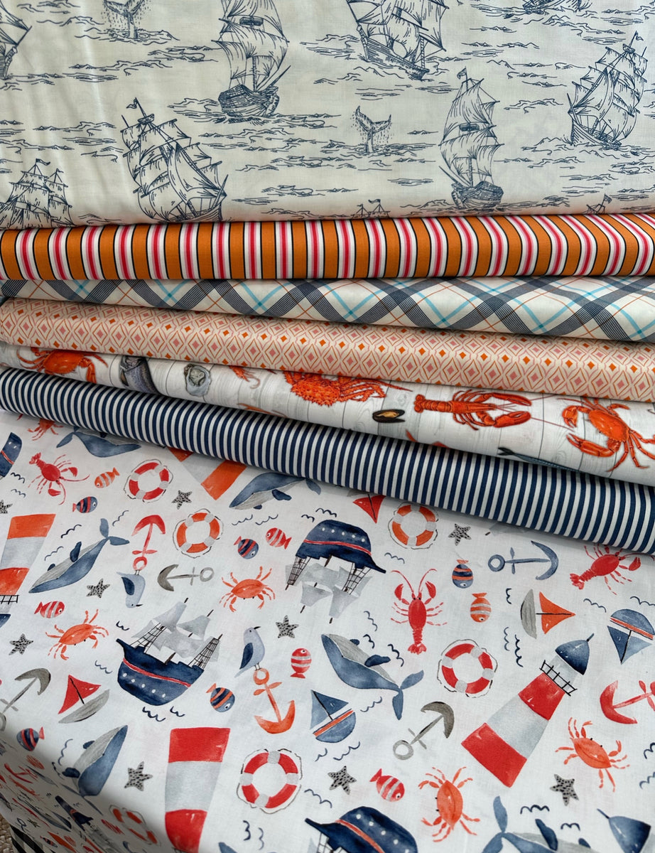 Fabric - Conversation - (1087) Orange & Blue Nautical Print on Vanilla ...