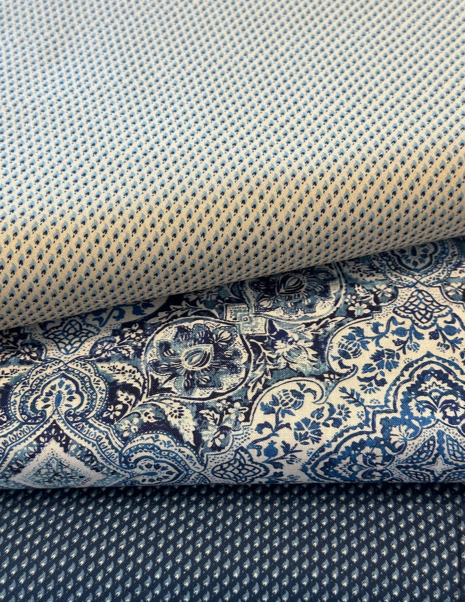 Fabric - Reproduction - (2062) Small Print in Blues on Vanilla ...