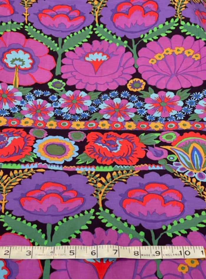 Fabric - Kaffe Collection - Multi Coloured Floral Rows on Black ...